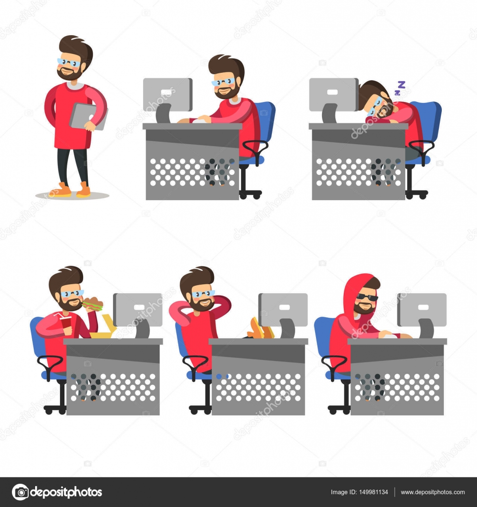 Programador de dibujos animados con computadora. Freelancer en el ...