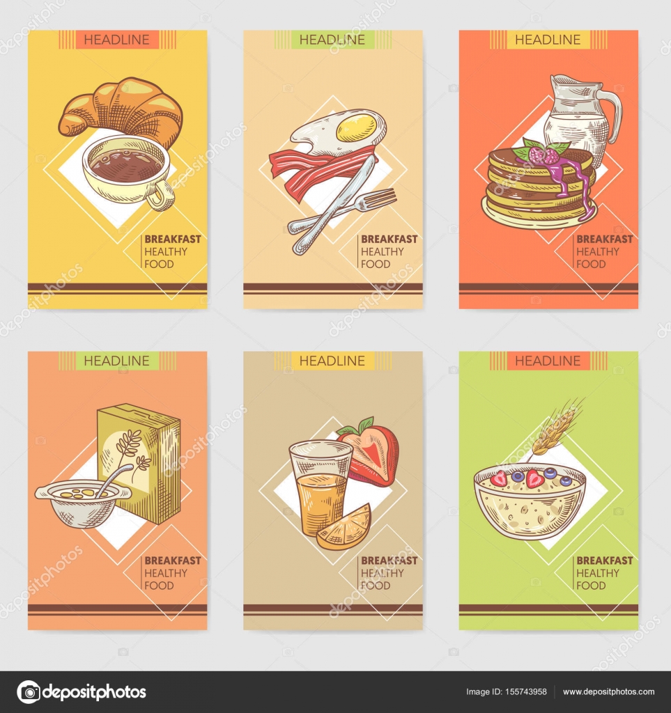 Healthy Breakfast Hand Drawn Cards Brochure Menu with Milk, Eggs and ...