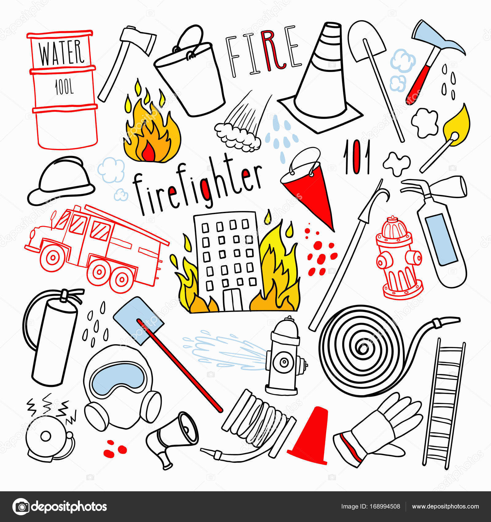 Firefighting Hand Drawn Doodle. Firefighter, Fireman, Emergency ...