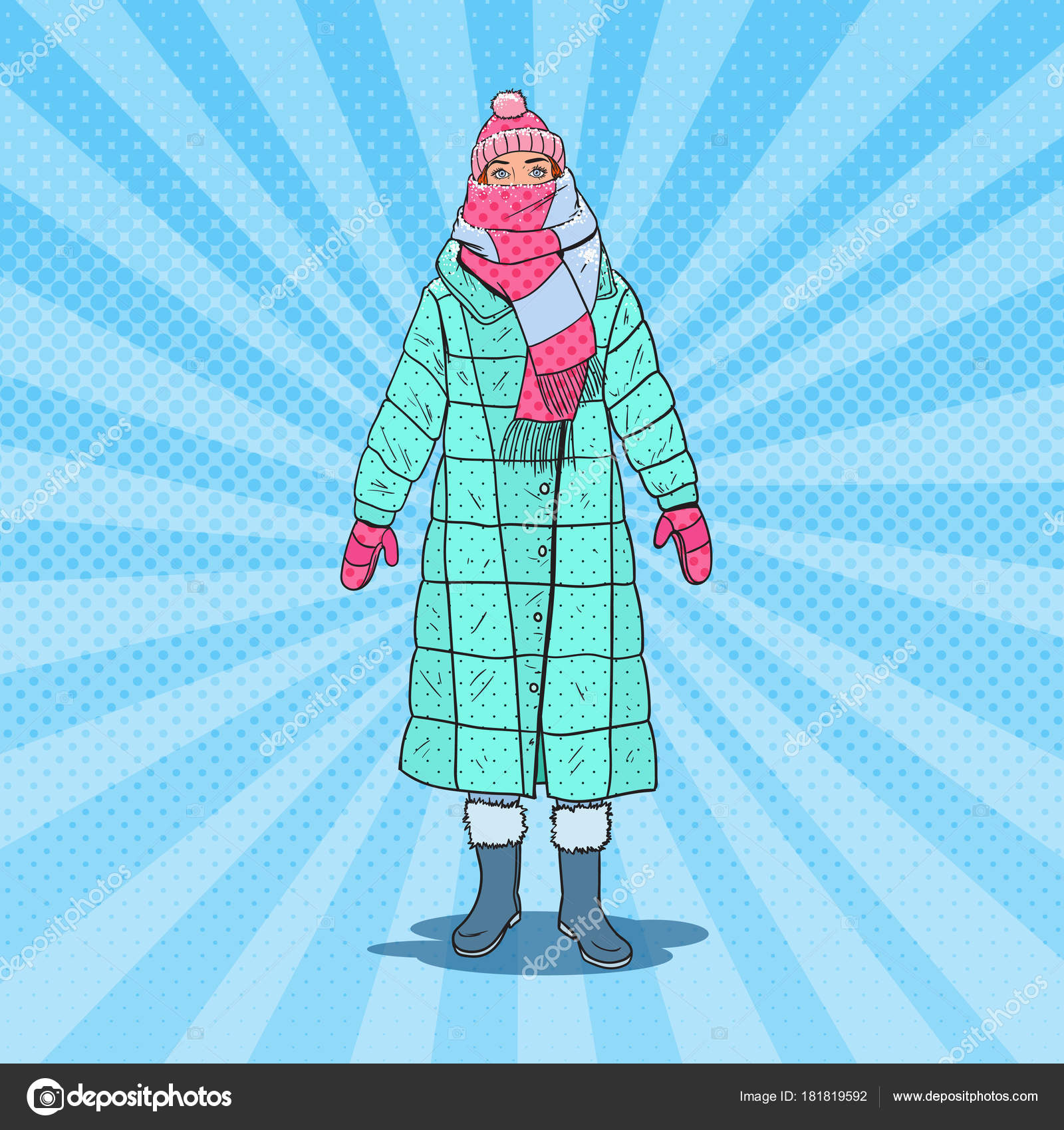 Pop Art Beautiful Woman in Warm Winter Clothes Outdoor. Cold Weather ...