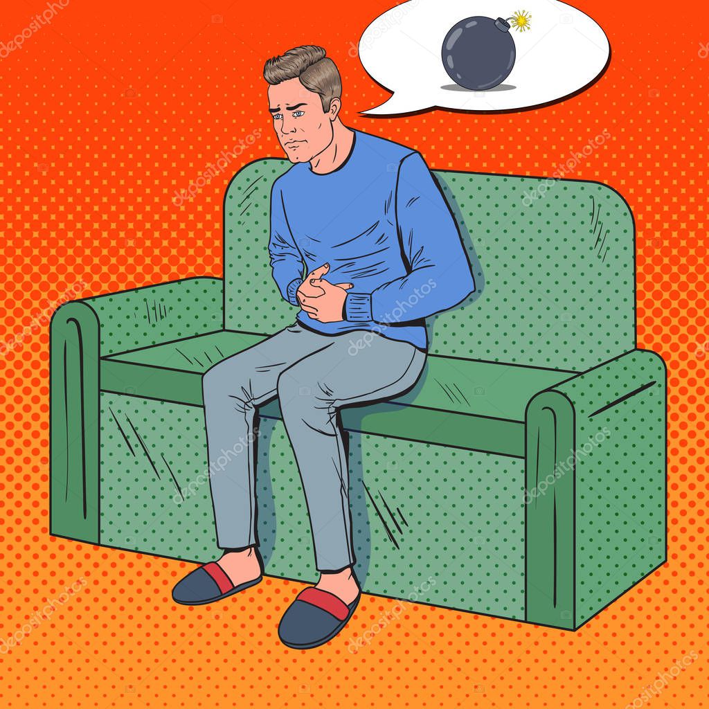 Pop Art Unhappy Man Hurts from Stomach Ache. El enfermo sentado en el ...