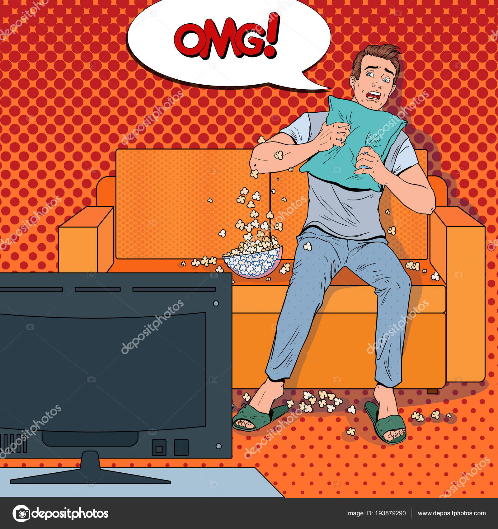 Pop Art Man Watching A Horror Movie At Home Shocked Guy Watch Film On