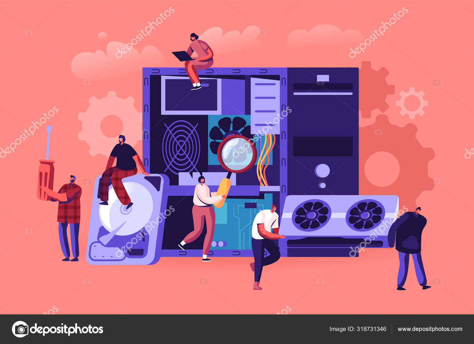 Pc Hardware Fixing Service Concept. Tiny Characters Information ...