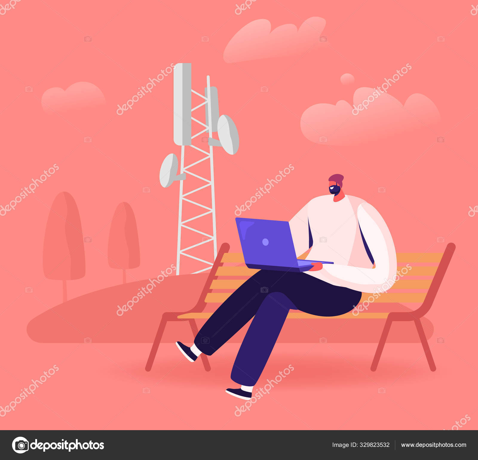 Young Man Sitting on Bench with Laptop in Hands near Transmission ...