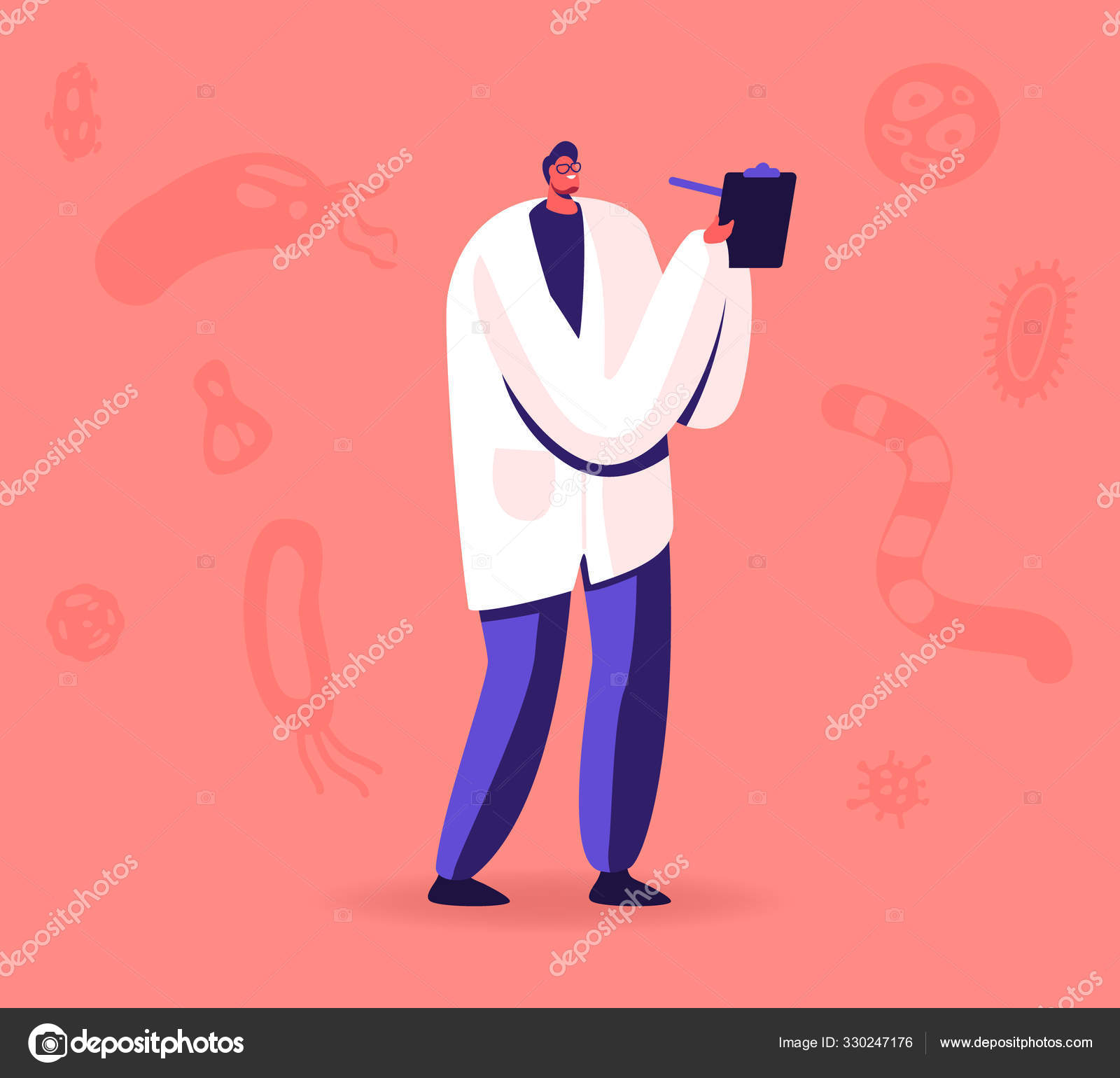 Epidemiologist Scientist Wear White Robe Writing at Clip Board on Pink ...