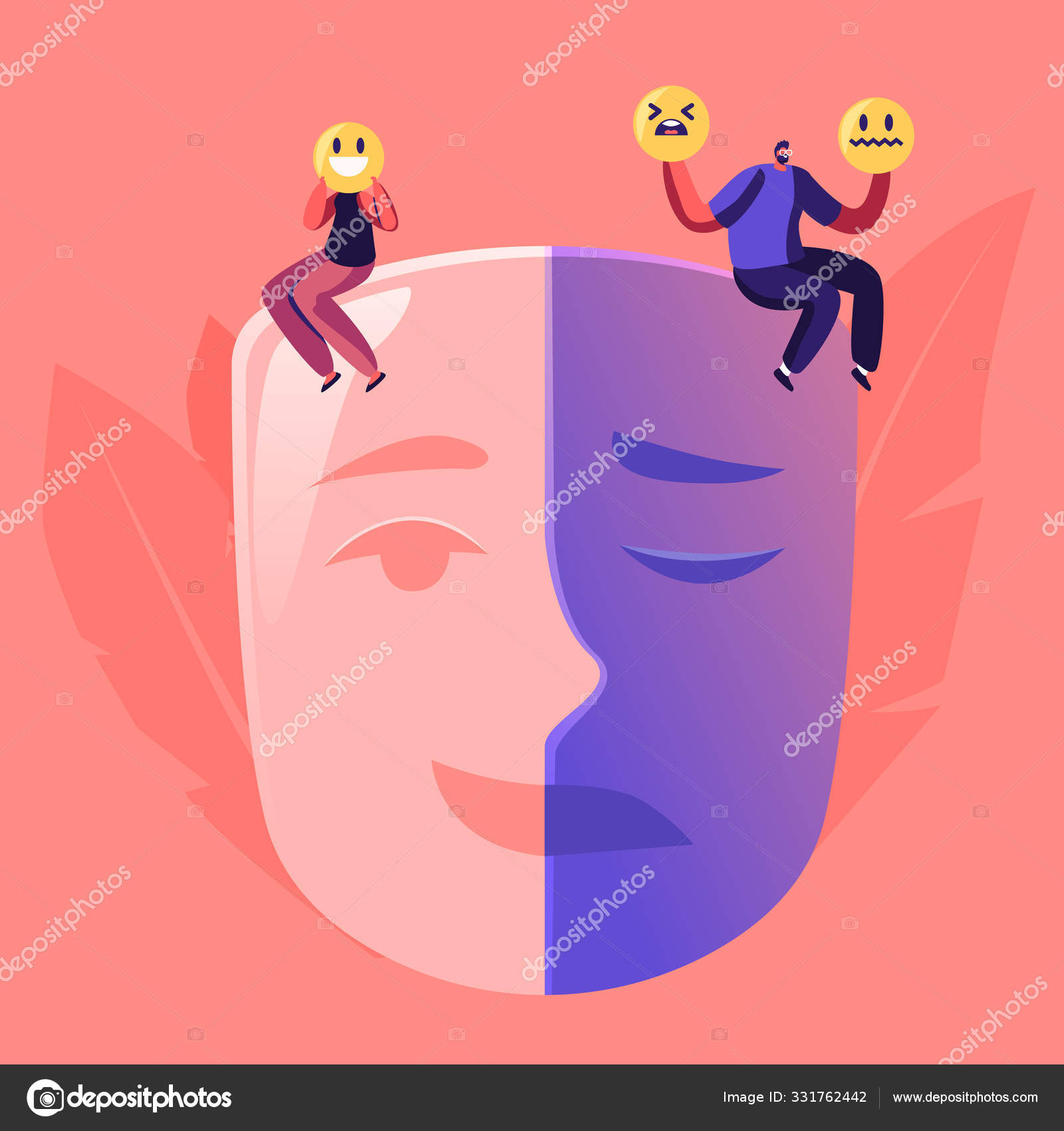 Man and Woman Sitting on Huge Mask Separated on Opposite Emotions with ...