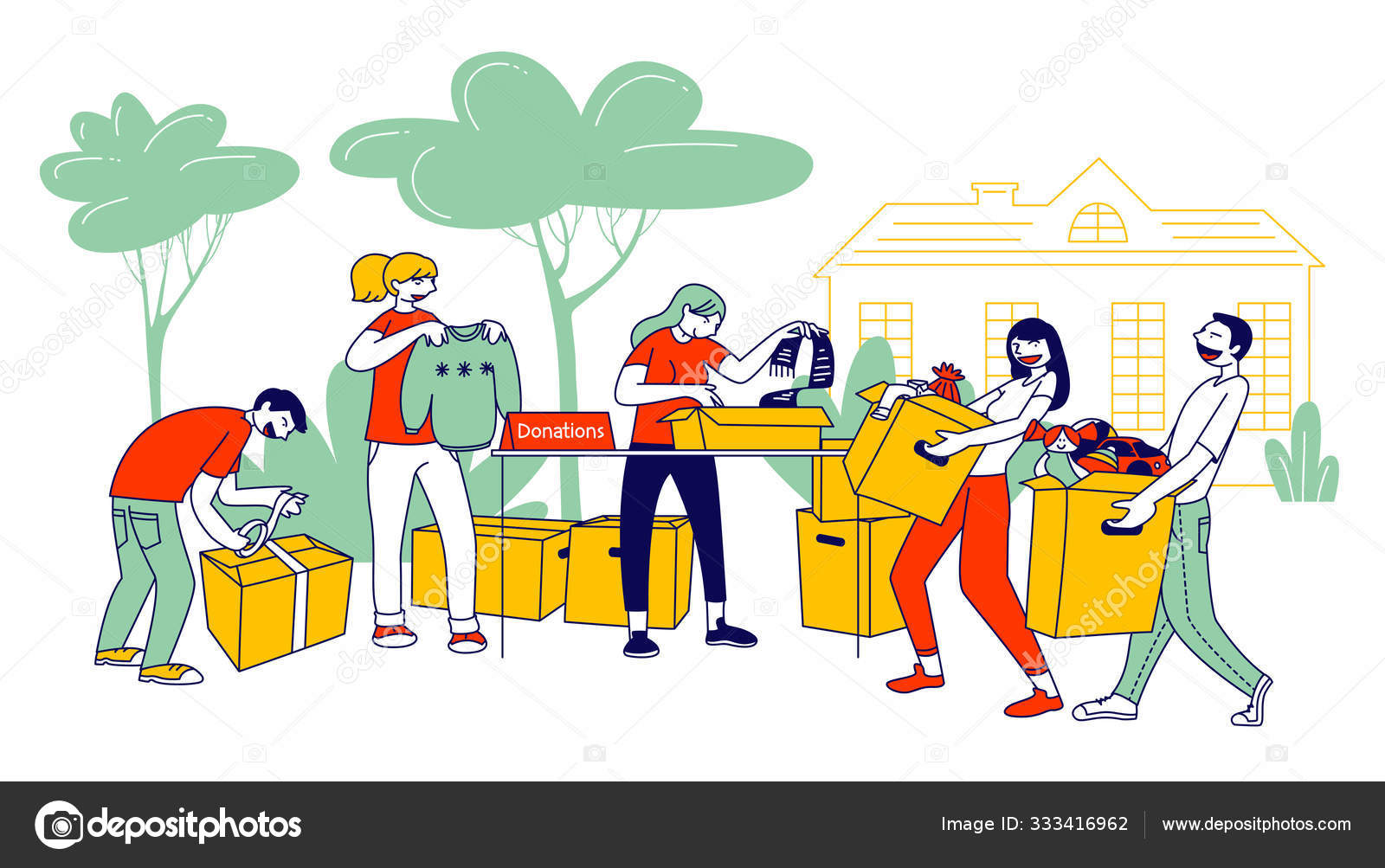 Spenden- und Charity-Konzept. Freiwillige bringen Kisten mit ...
