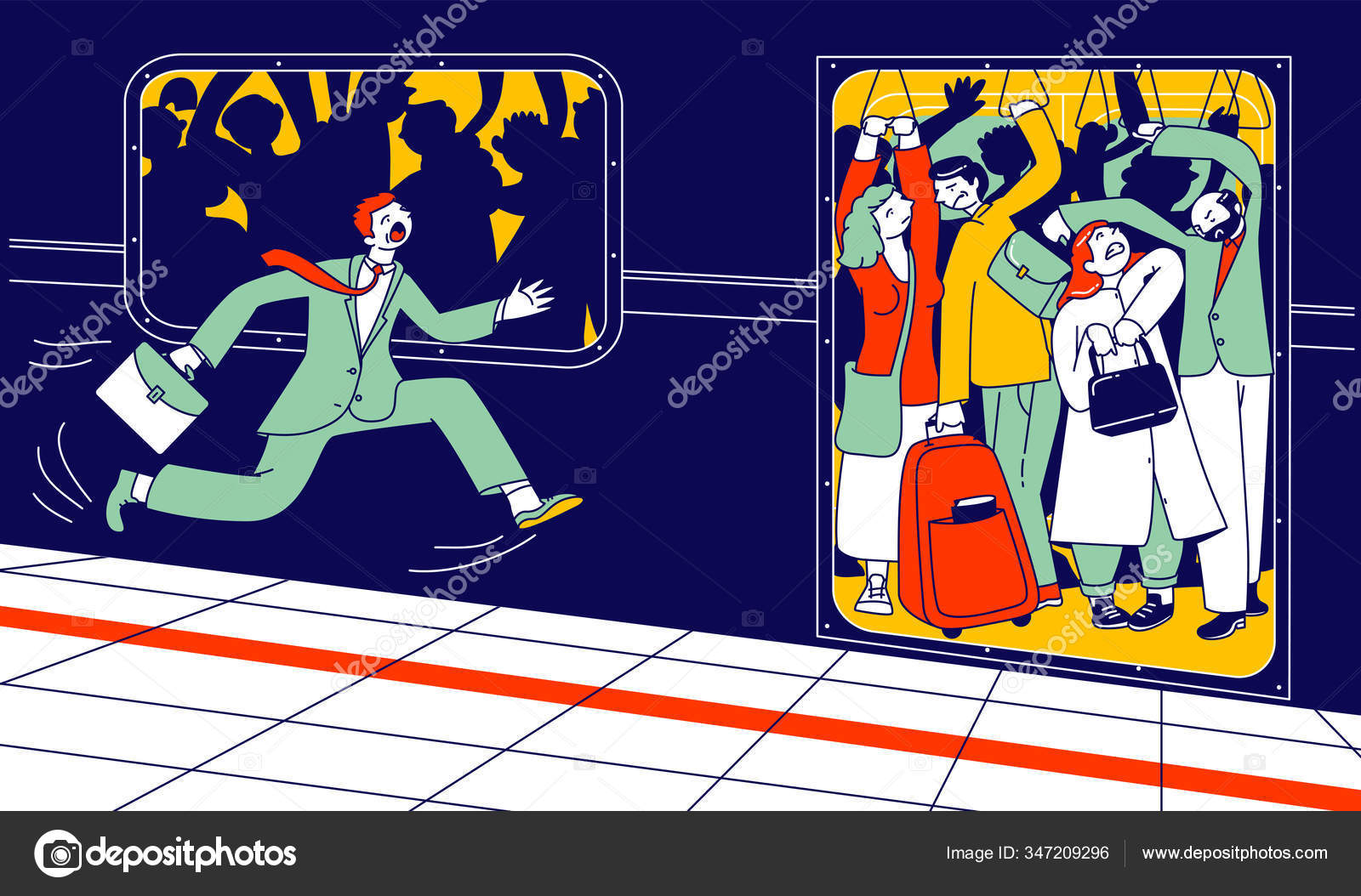 Man Running in Subway Platform to Crowded Train in Rushtime. People ...