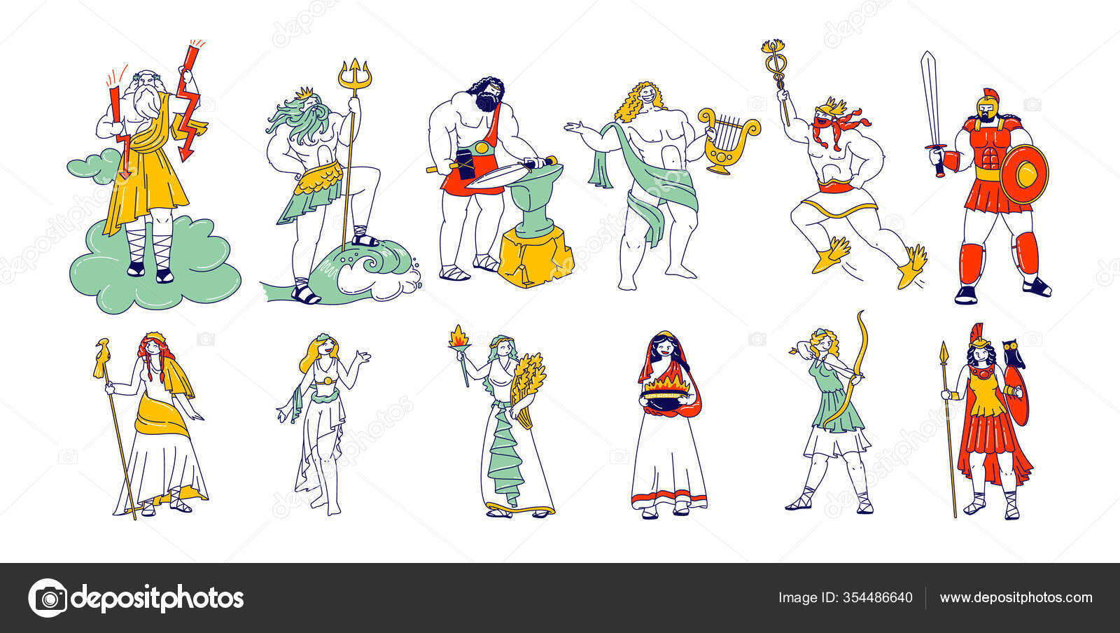 Set of Powerful Ancient Greek Gods and Goddess. Zeus Poseidon Hephaestus, Vulcan Apollon Hermes ...