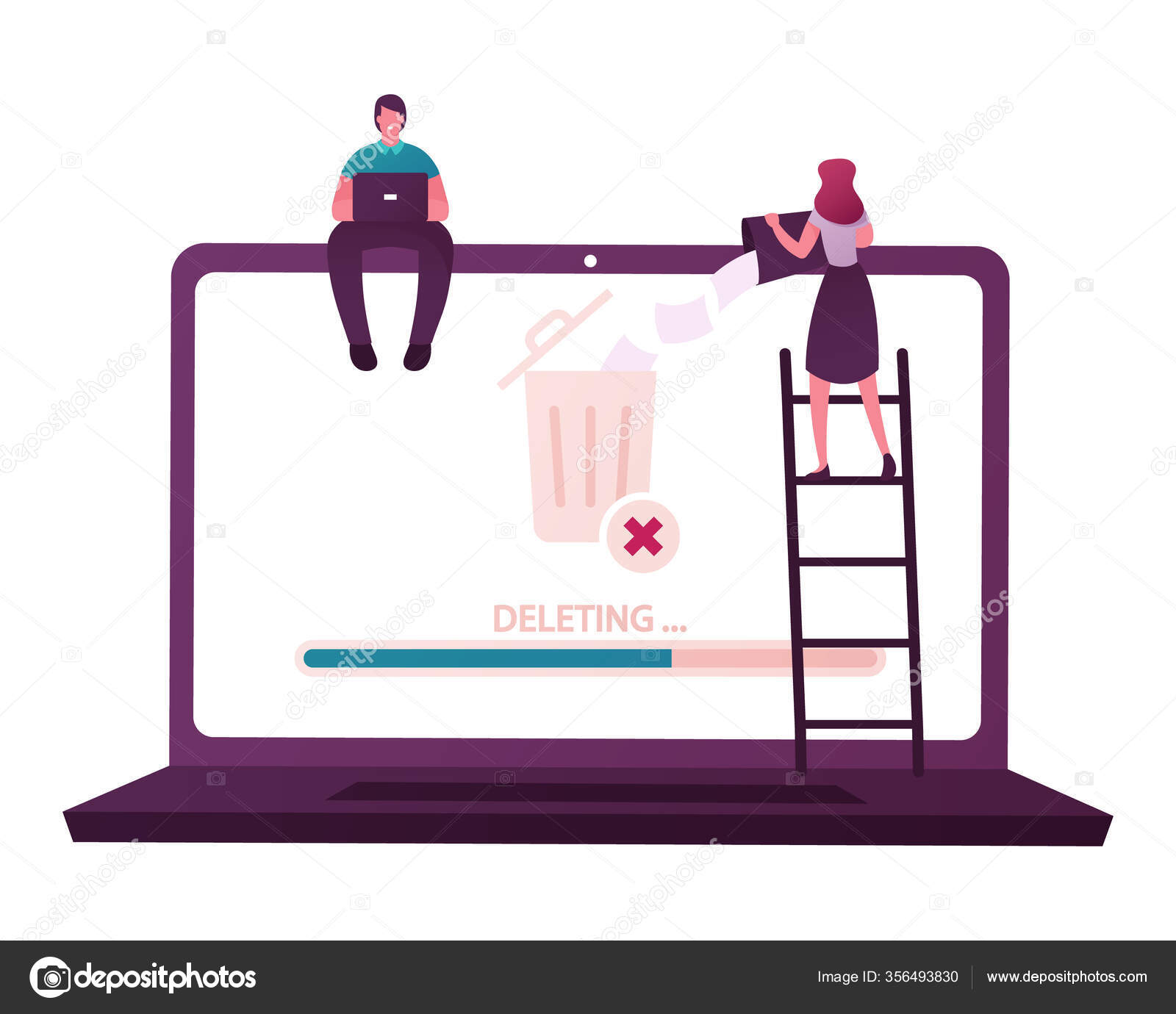 Tiny Male and Female Characters Deleting Data. Man Sitting on Huge ...