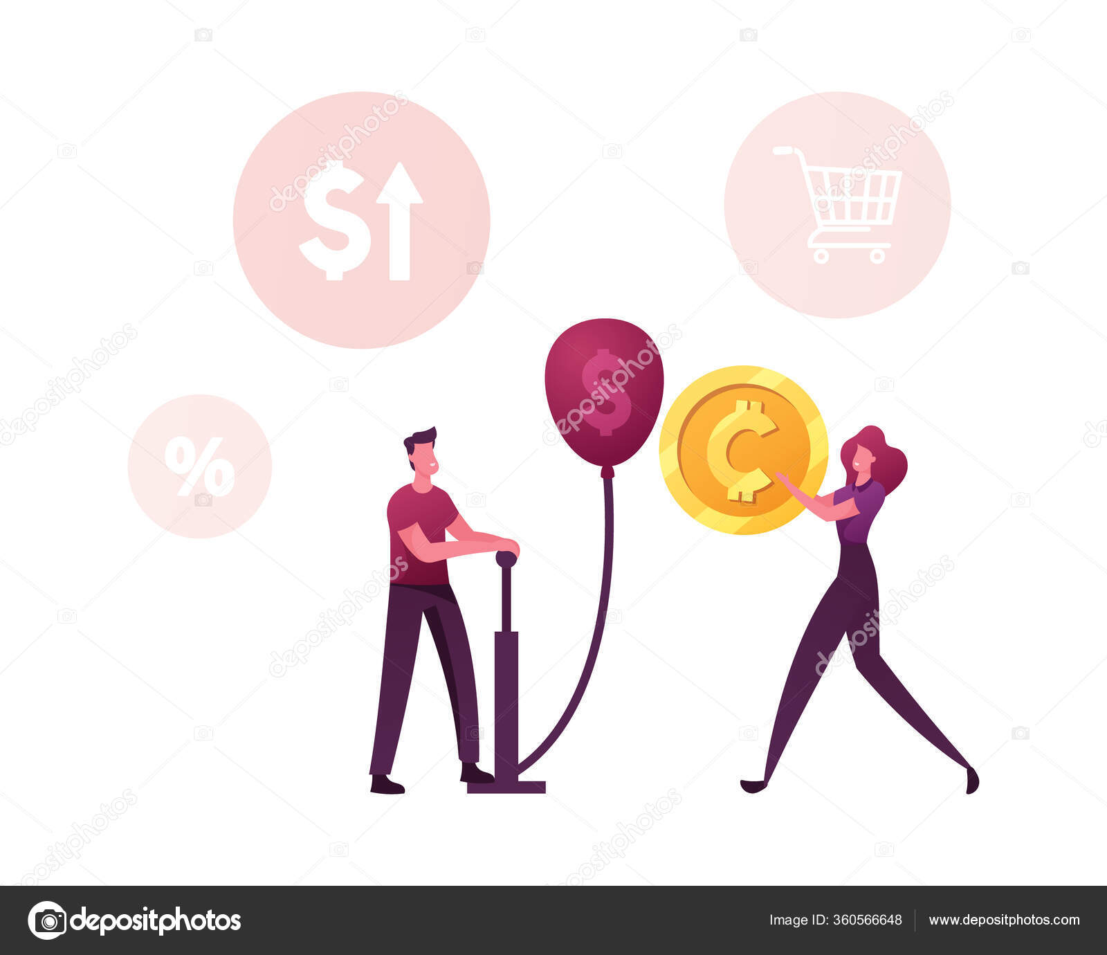 Male Character Inflate Balloon with Dollar Sign Using Pump. Economy ...