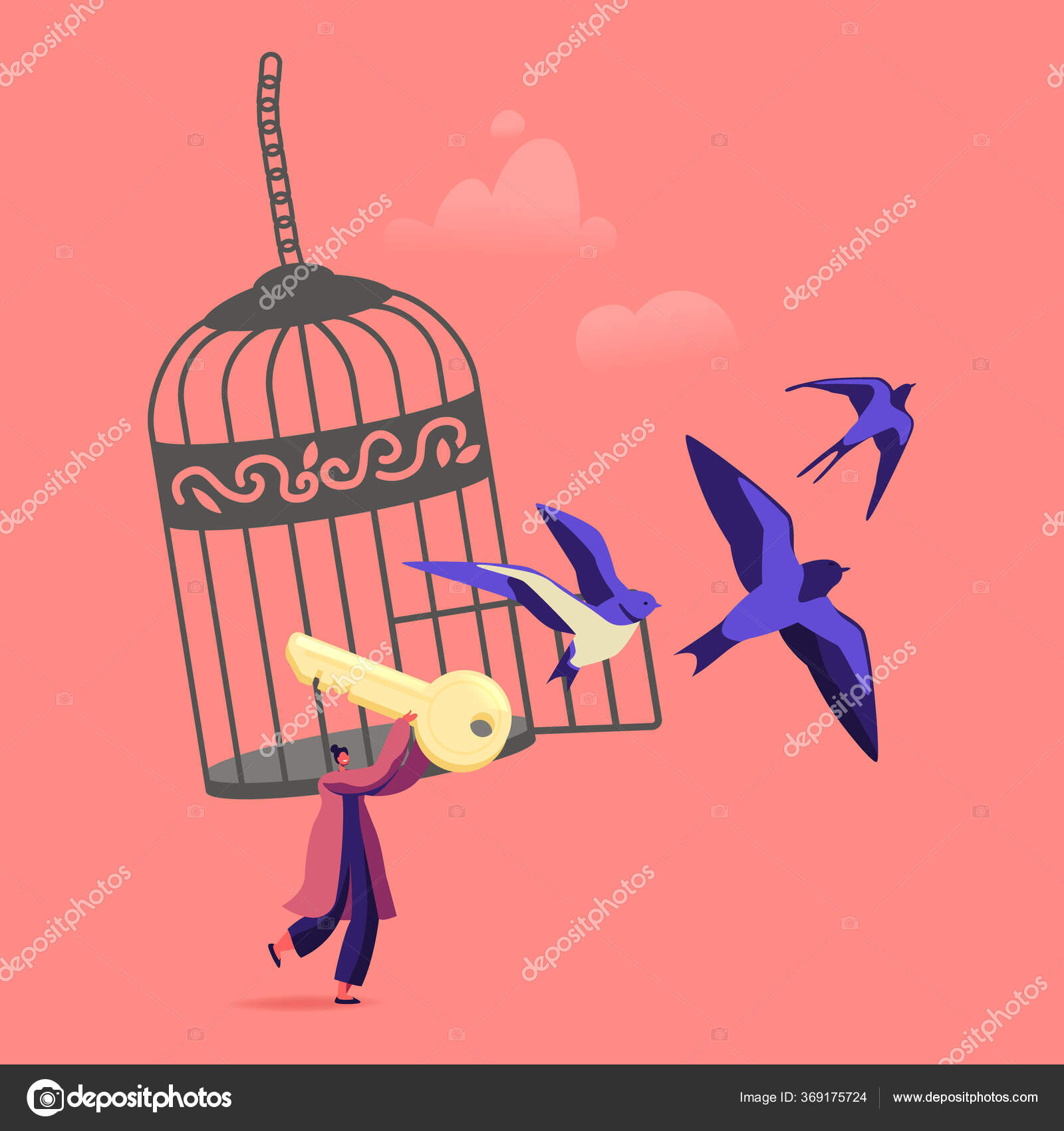 Freedom Concept. Female Character Escape Cell. Woman with Golden Key ...