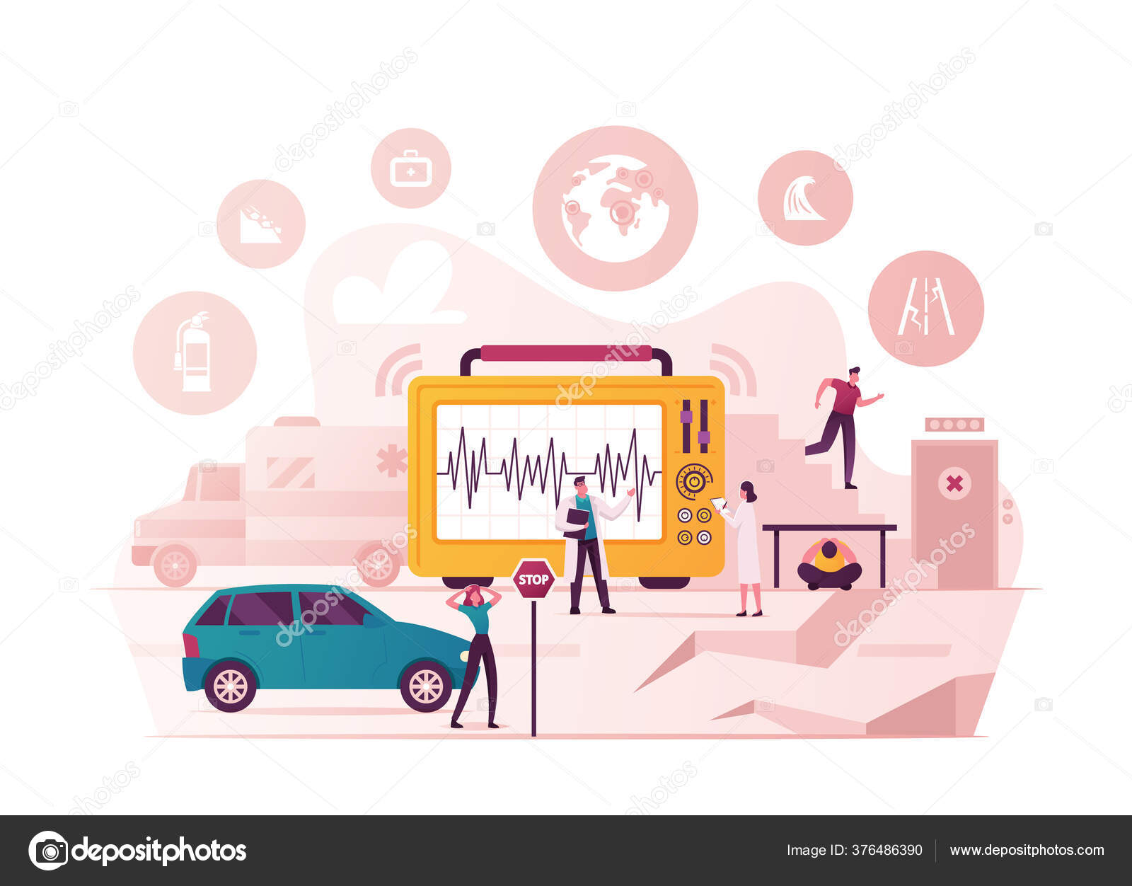 Earthquake Concept Characters Evacuating from Crashing Buildings ...