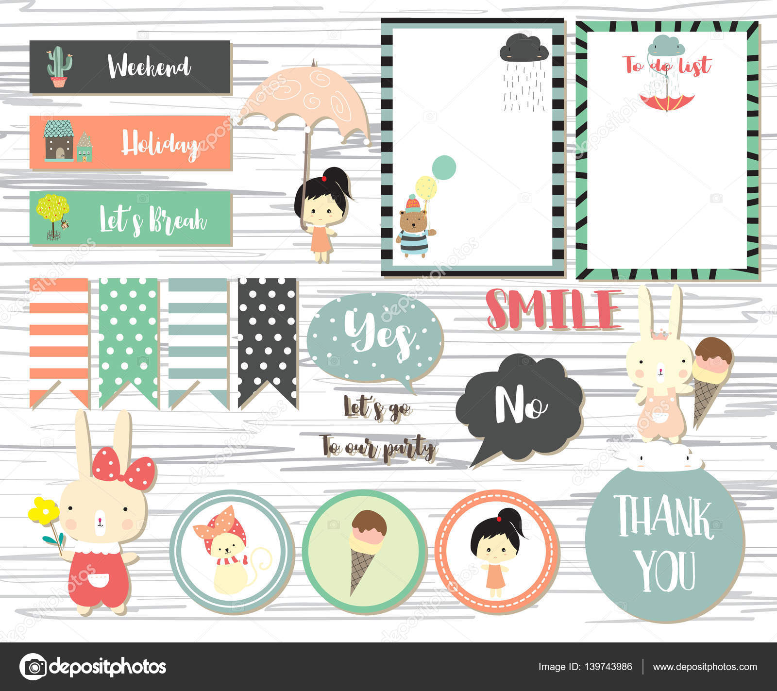 Cute note and sticker with girl,bear,rabbit,ice cream and tree Stock ...