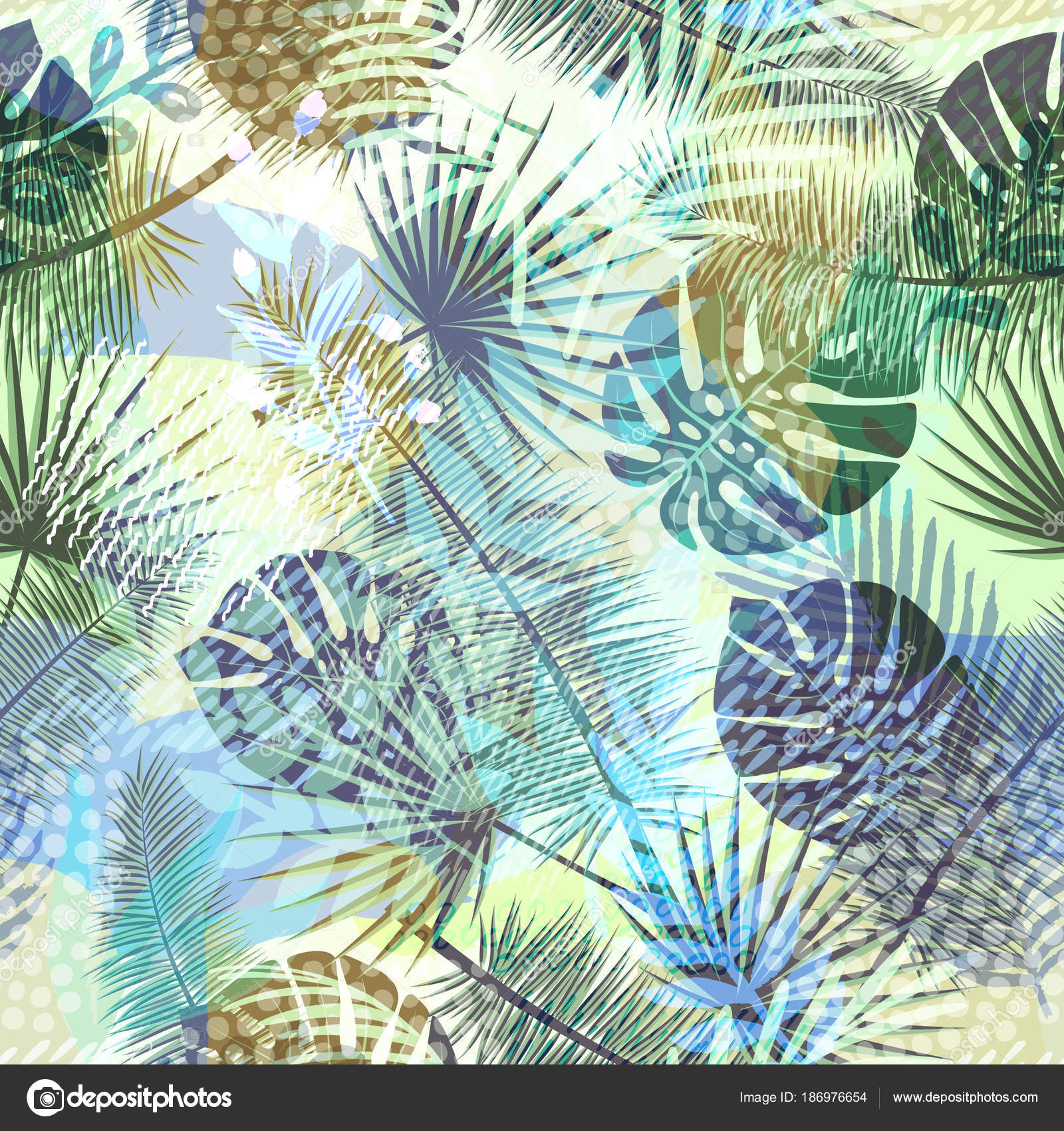 Colourful trendy seamless exotic pattern with tropical plants and hand ...