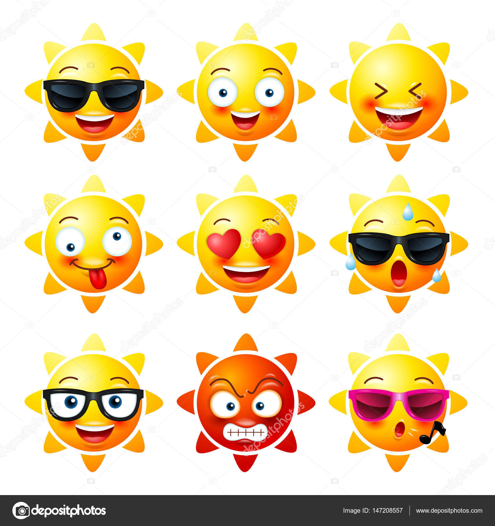 Soleil, Smiley icônes visage ou émoticônes jaunes avec émotionnel drôle ...