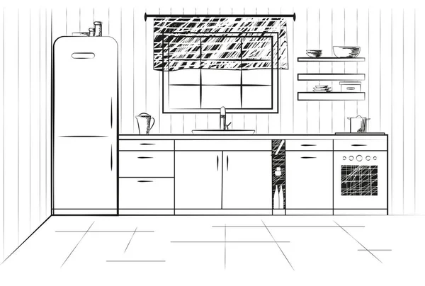 Sketch kitchen with a window. Vector illustration in a sketch style. ⬇ ...