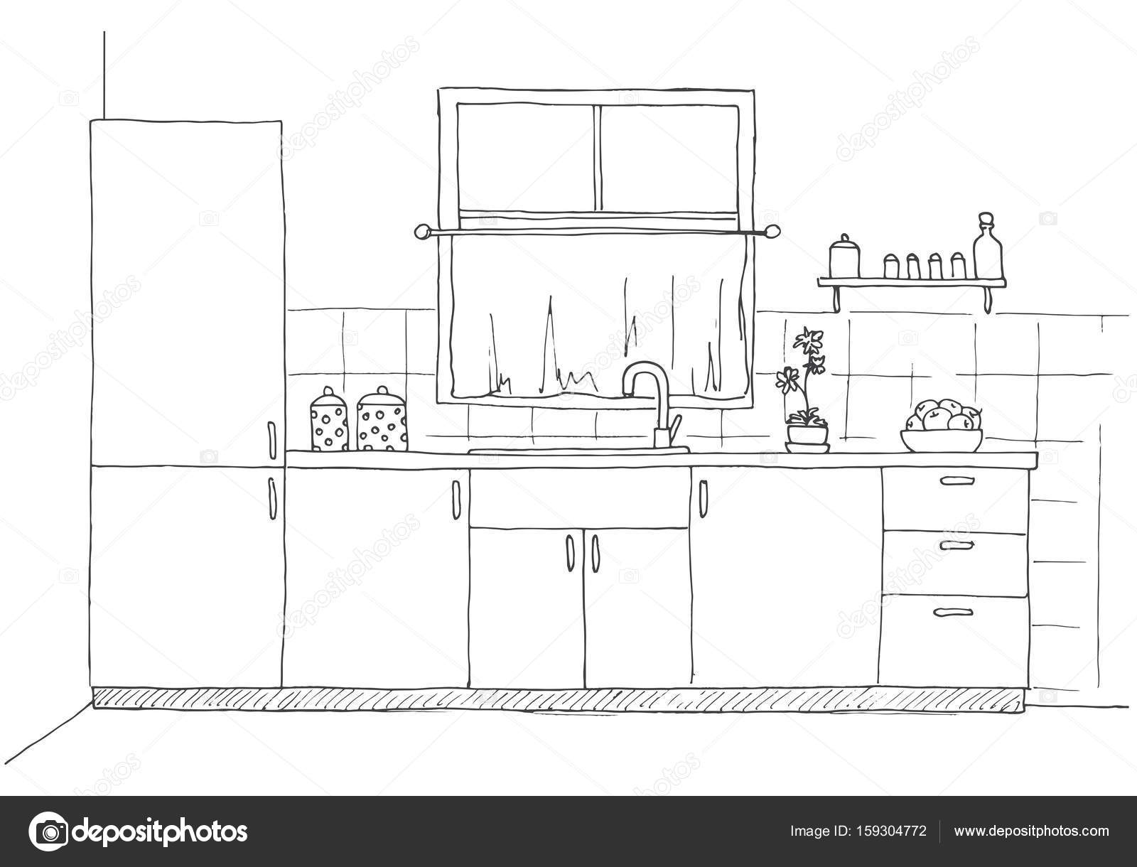 Sketch kitchen with a window. Vector illustration in a sketch style. ⬇ ...