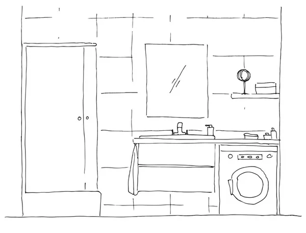 Dibujo dibujado a mano. El bosquejo lineal del interior. Parte del baño ...