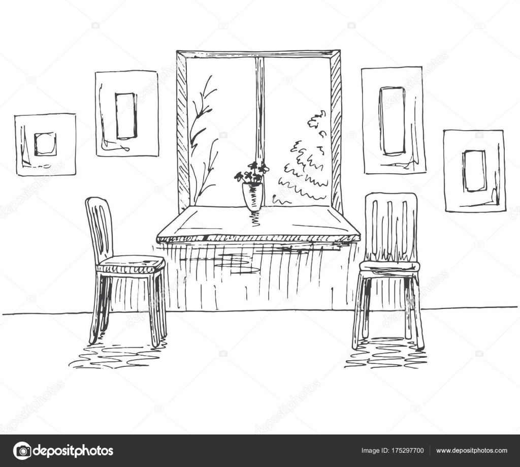Hand drawn window with a wide window sill. Next to the two chairs, on ...