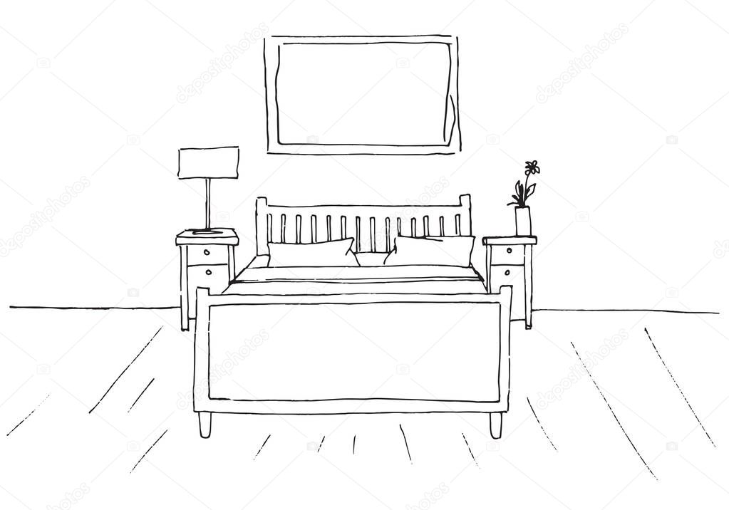 Dibujo dibujado a mano. El bosquejo lineal del interior. Boceto de la ...