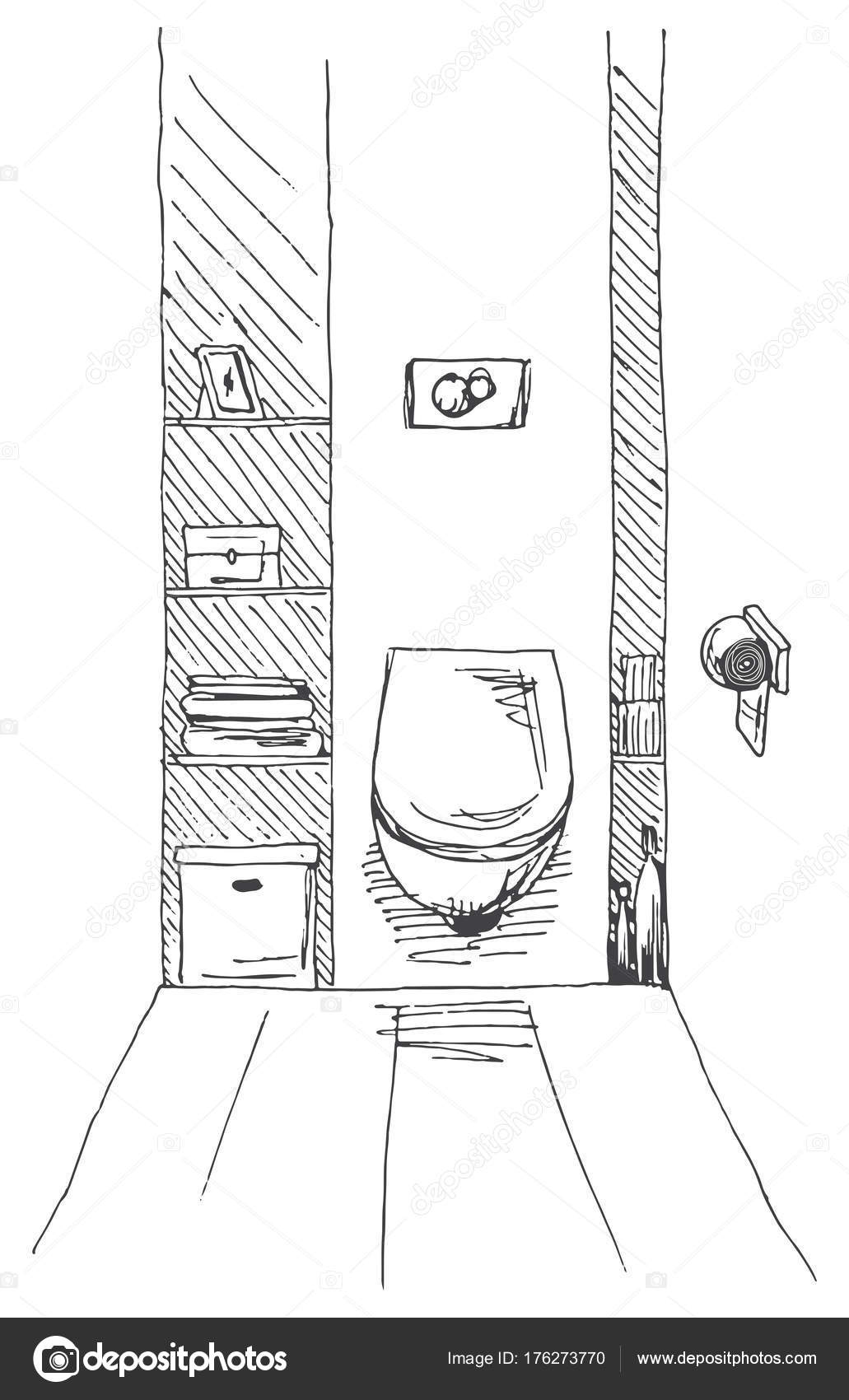 Dibujo dibujado a mano. El bosquejo lineal del interior. Parte del baño ...
