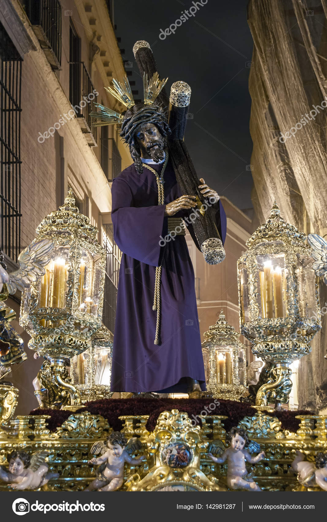 Jesus del Gran Poder with the cross on the shoulder in the Holy Week in ...