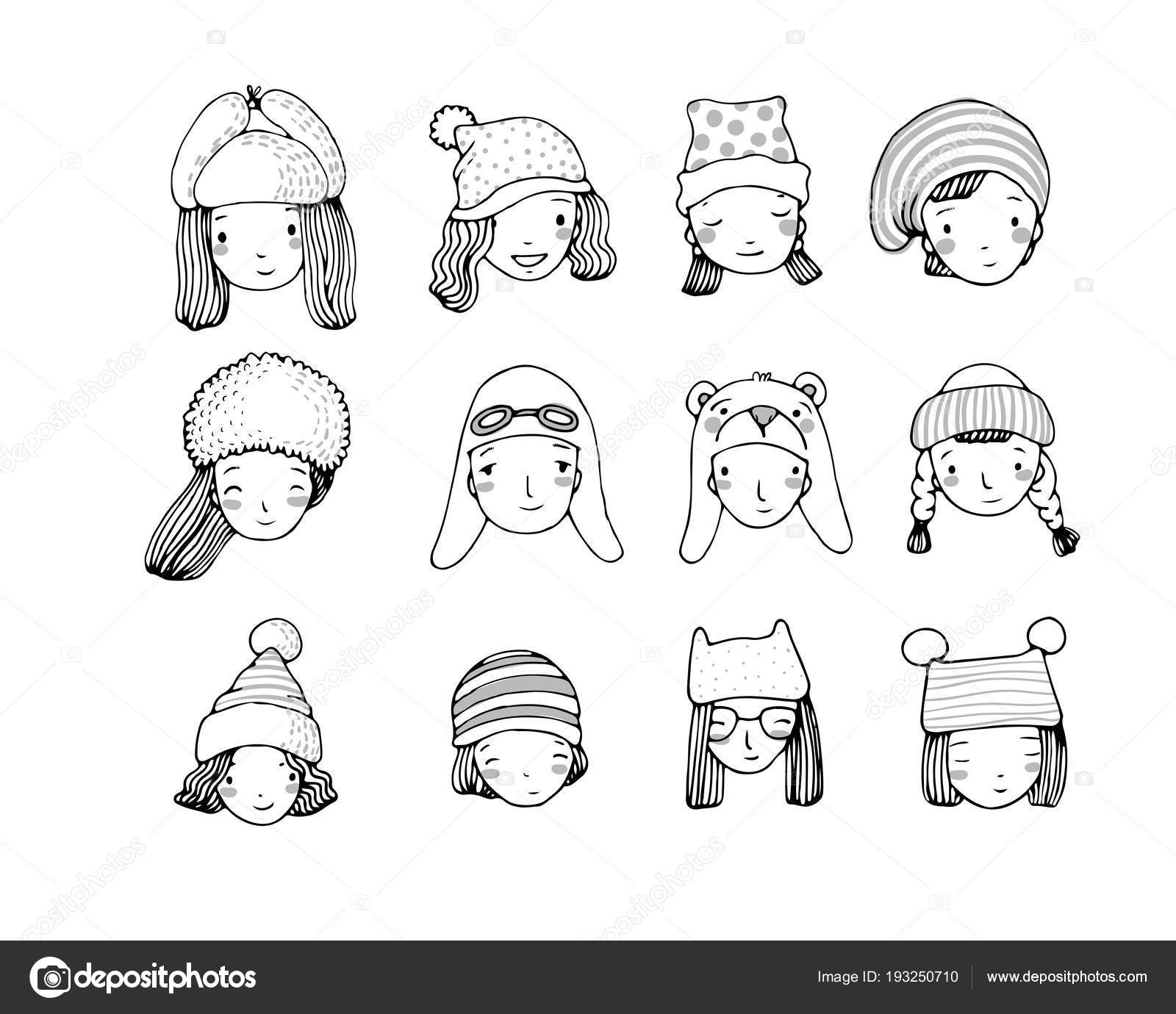 Different faces. People in winter hats. Hand drawing isolated objects ...