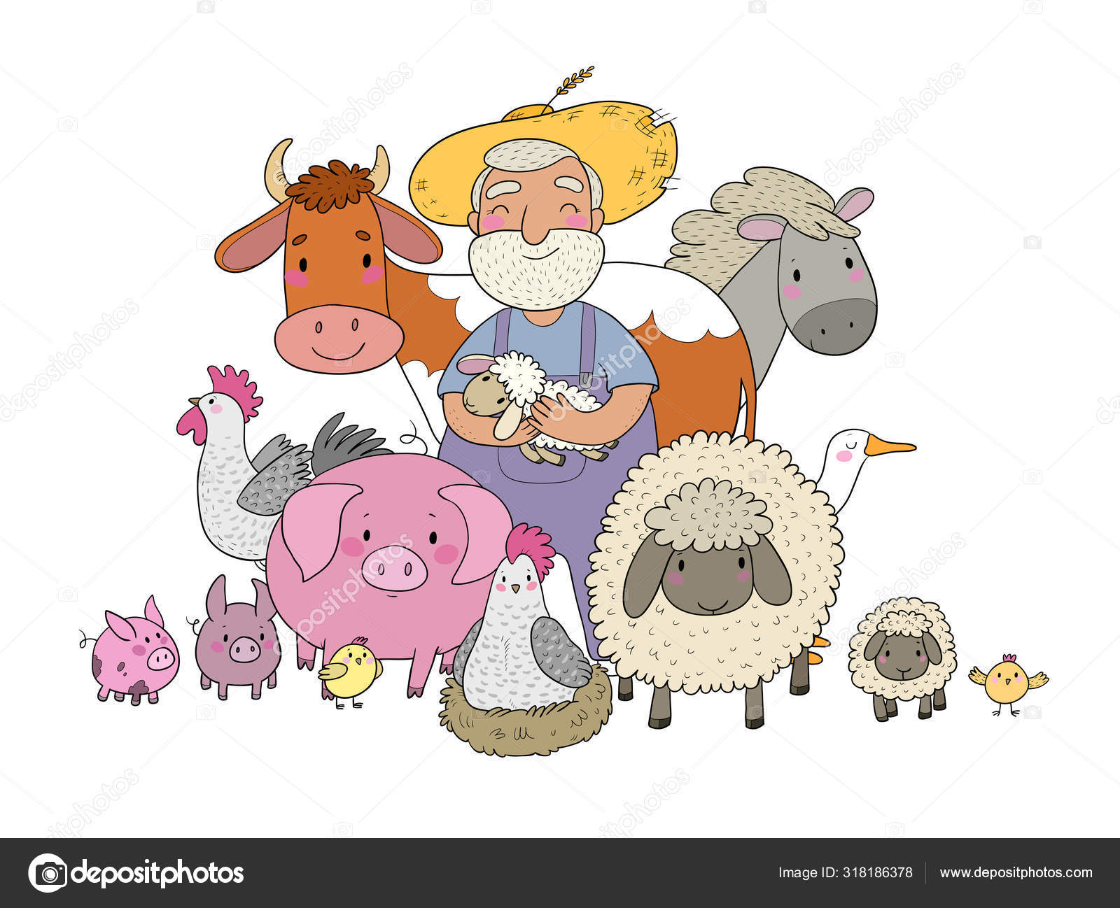 Lindo granjero de dibujos animados y animales. Campesino y vaca ...