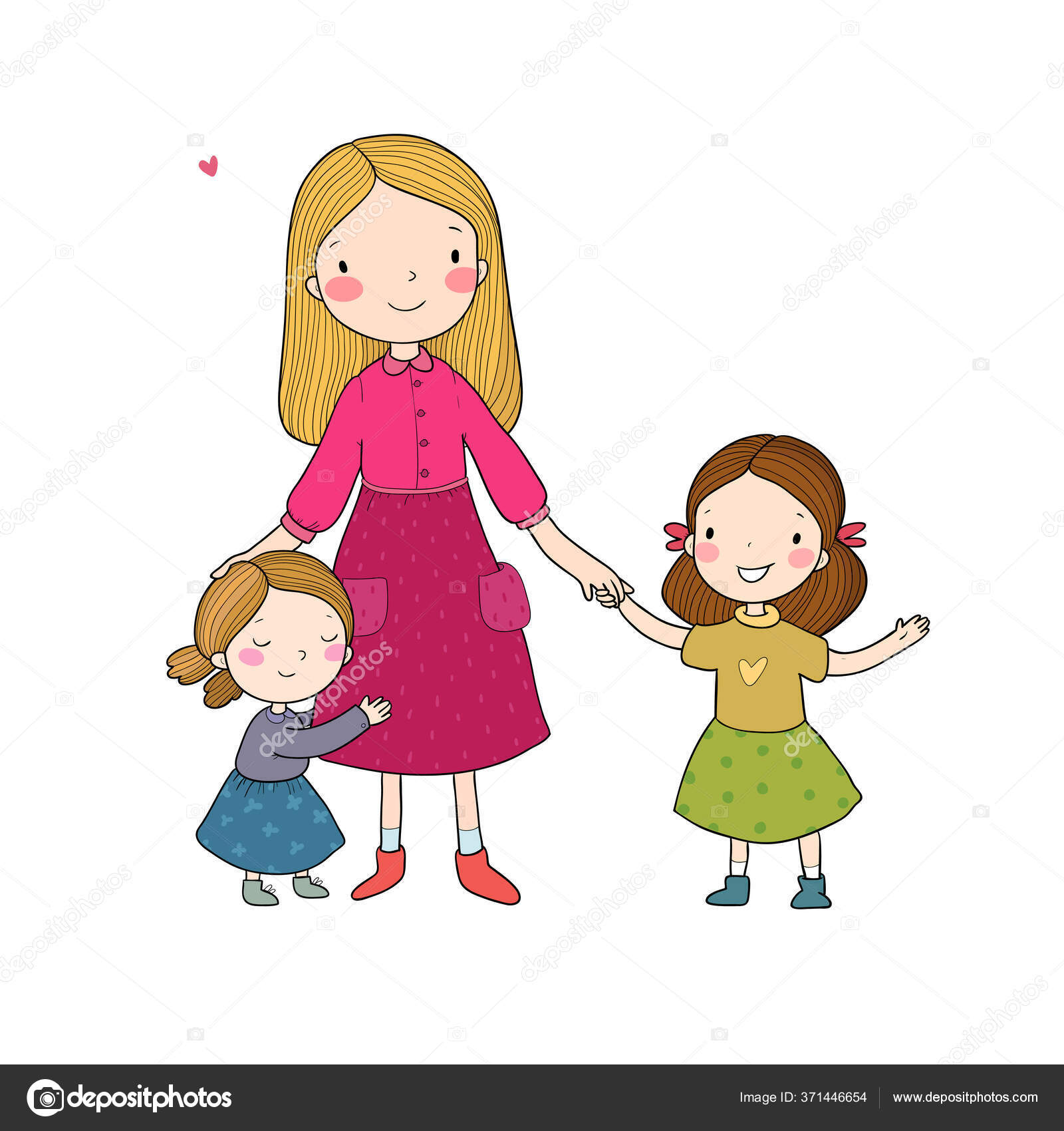 Madre joven y dos hijas. Bonitas hermanas de dibujos animados. Familia ...