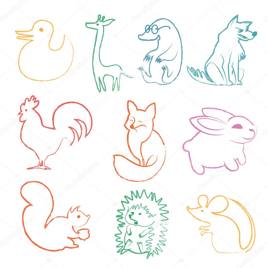 Conjunto vectorial de divertidos animales de dibujos animados. Dibujo ...