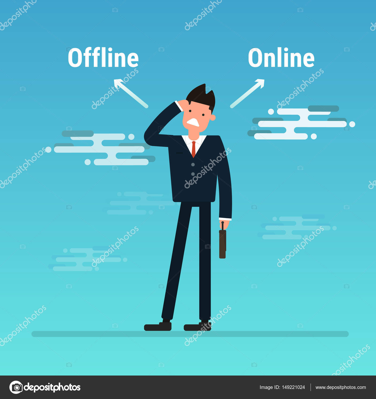 Online Offline Concept Businessman Standing Confuse Choose Two Option ...