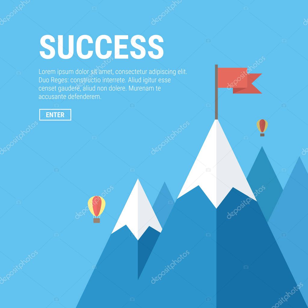 Bandera plana vectorial en monta a. Ilustraci n de xito. Logro objetivo. Concepto de negocio ...