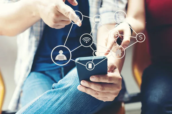 Close up hand people use laptop and smartphone for connection internet ...