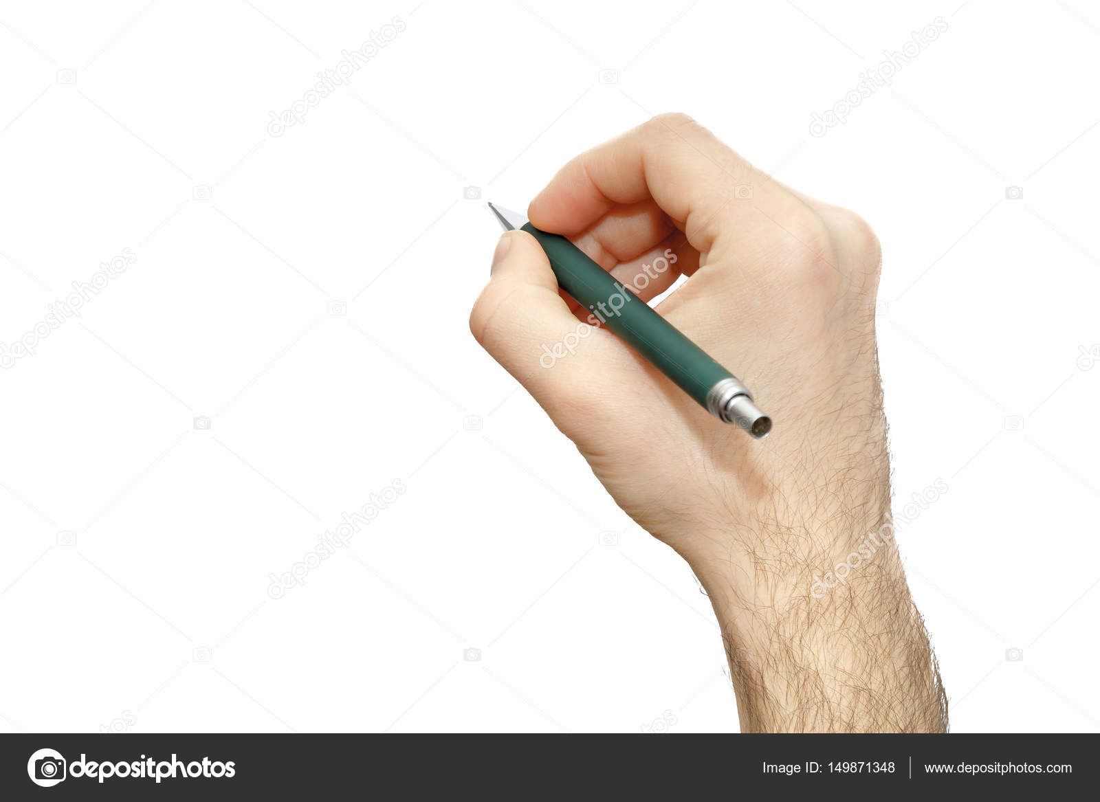 Isolated office male hand with pen write an idea white background ...