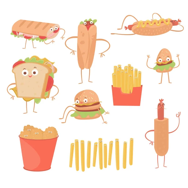 Fast food running cartoon characters hamburger, hot dog, french fries ...