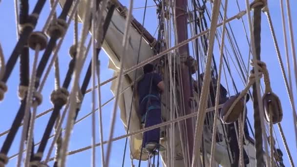 Sailors climb up the mast on a rope ladder on a traditional sailing ...