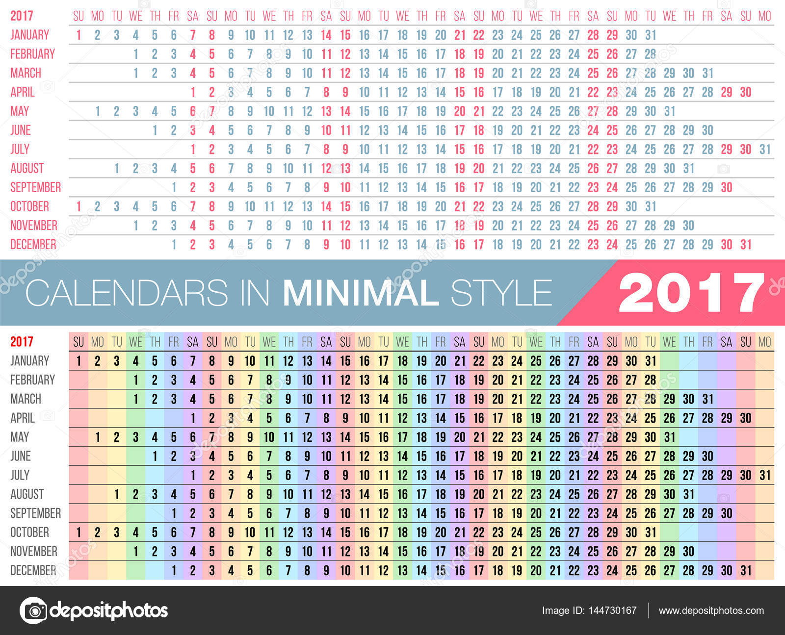 Simple 2017 calendar. Horizontal orientation, linear minimal style. Set ...