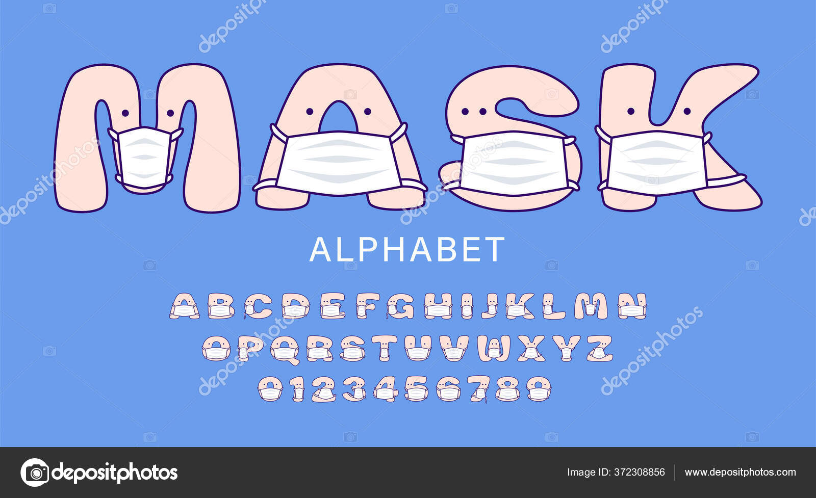 Cute Cartoon Alphabet White Medical Masks Kids Set Letters Numbers ...