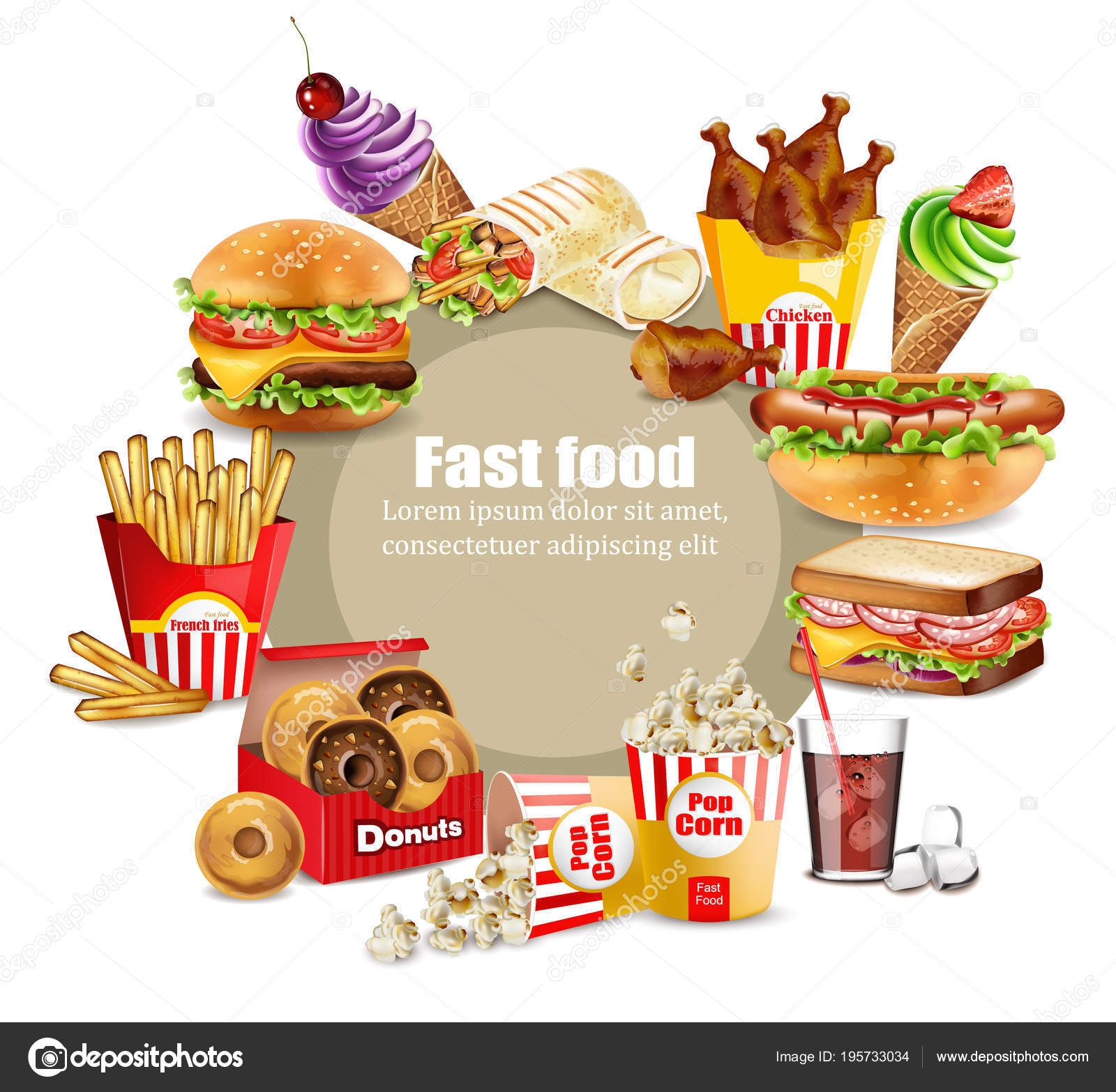 Fast food happy meals set Vector. Realistic detailed collection banner ...