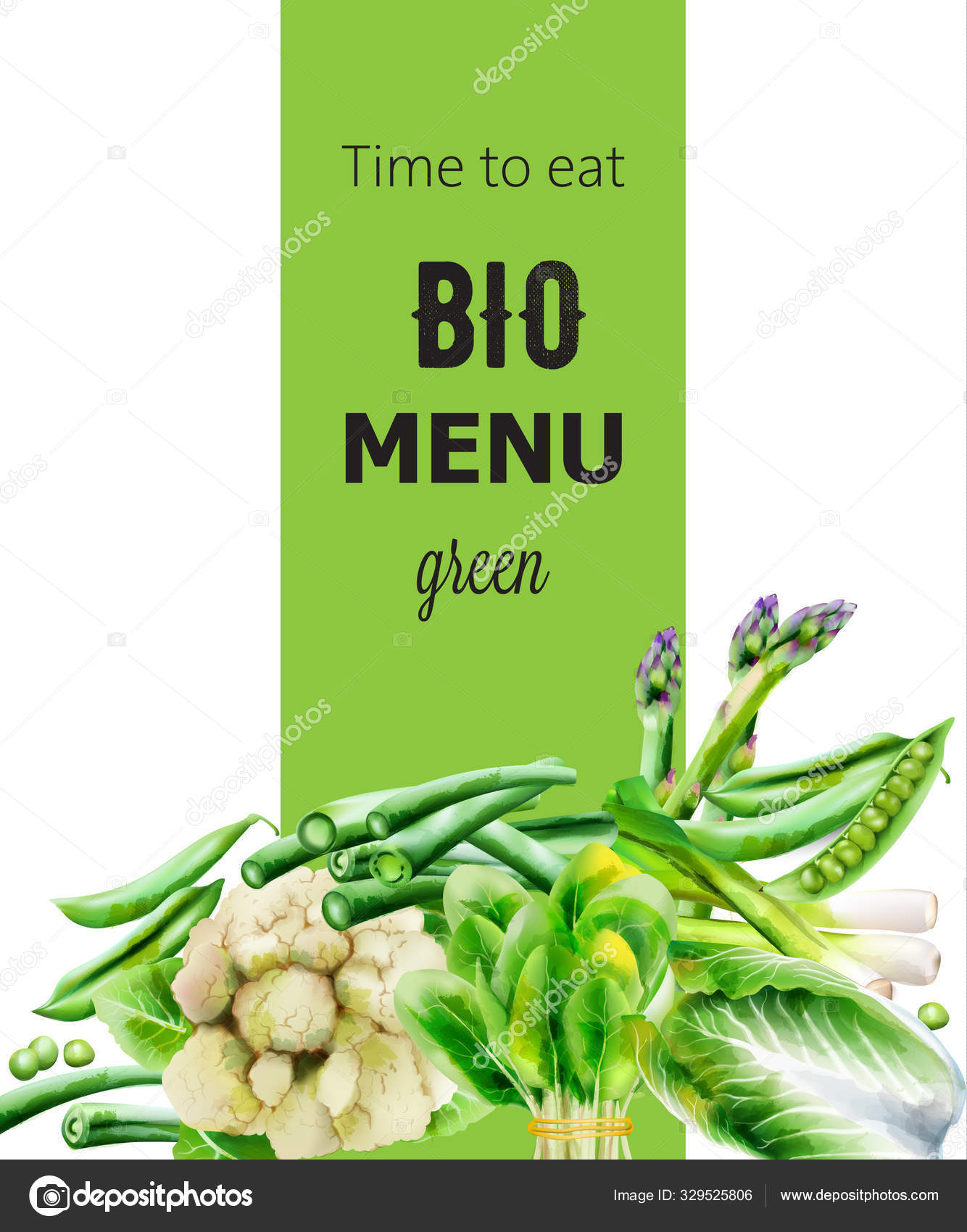 Bio Menu cover with various vegetables. Asparagus, beans, onion ...