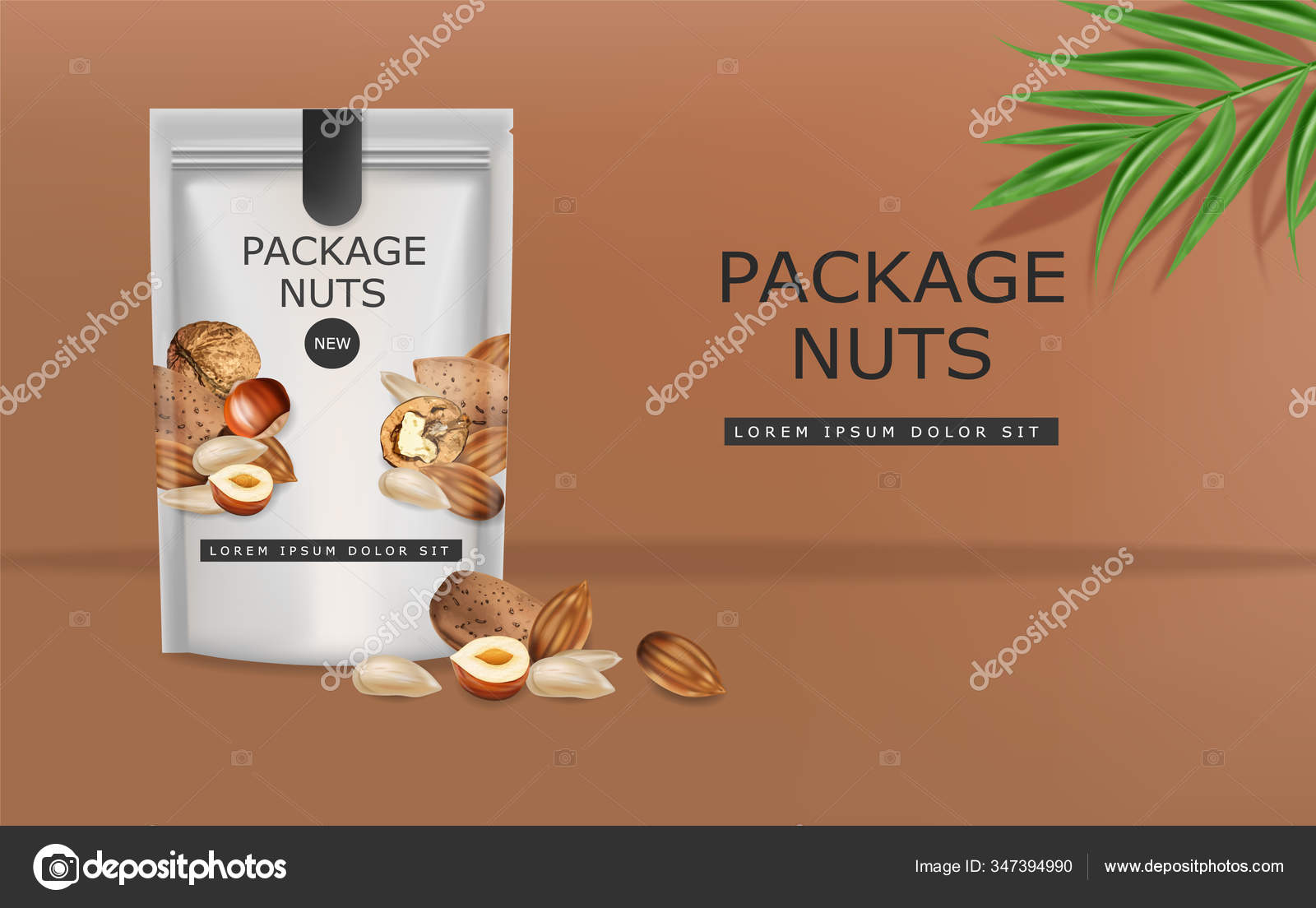 Nuts vector realistic mock up. Greek walnuts, almonds and hazelnuts. 3d detailed design packages ...