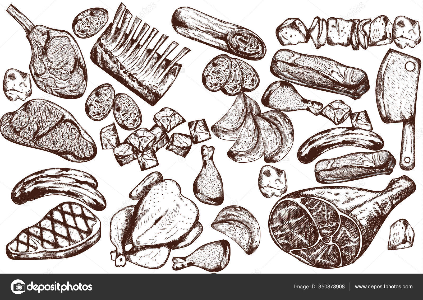 Line art meat set with sausage, steak, pork ribs and butcher knife ...