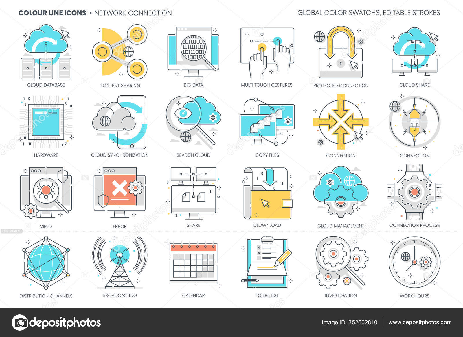 Network Connection Related Color Line Vector Icon Illustration Set Set ...