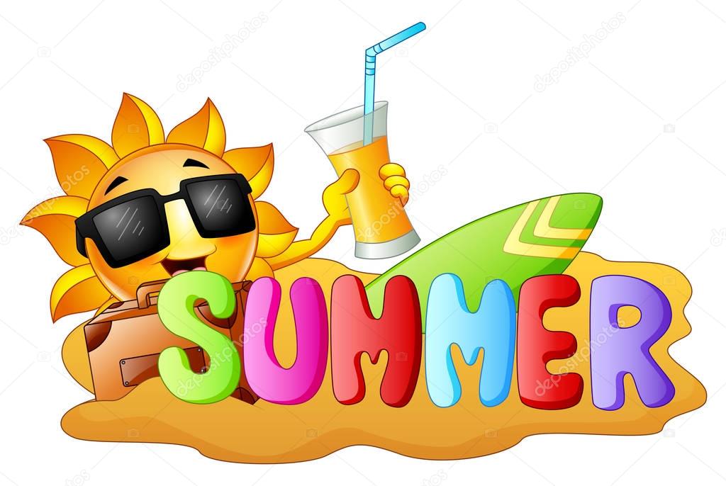 Summer funny background with happy smiling sun holding a orange juice ...