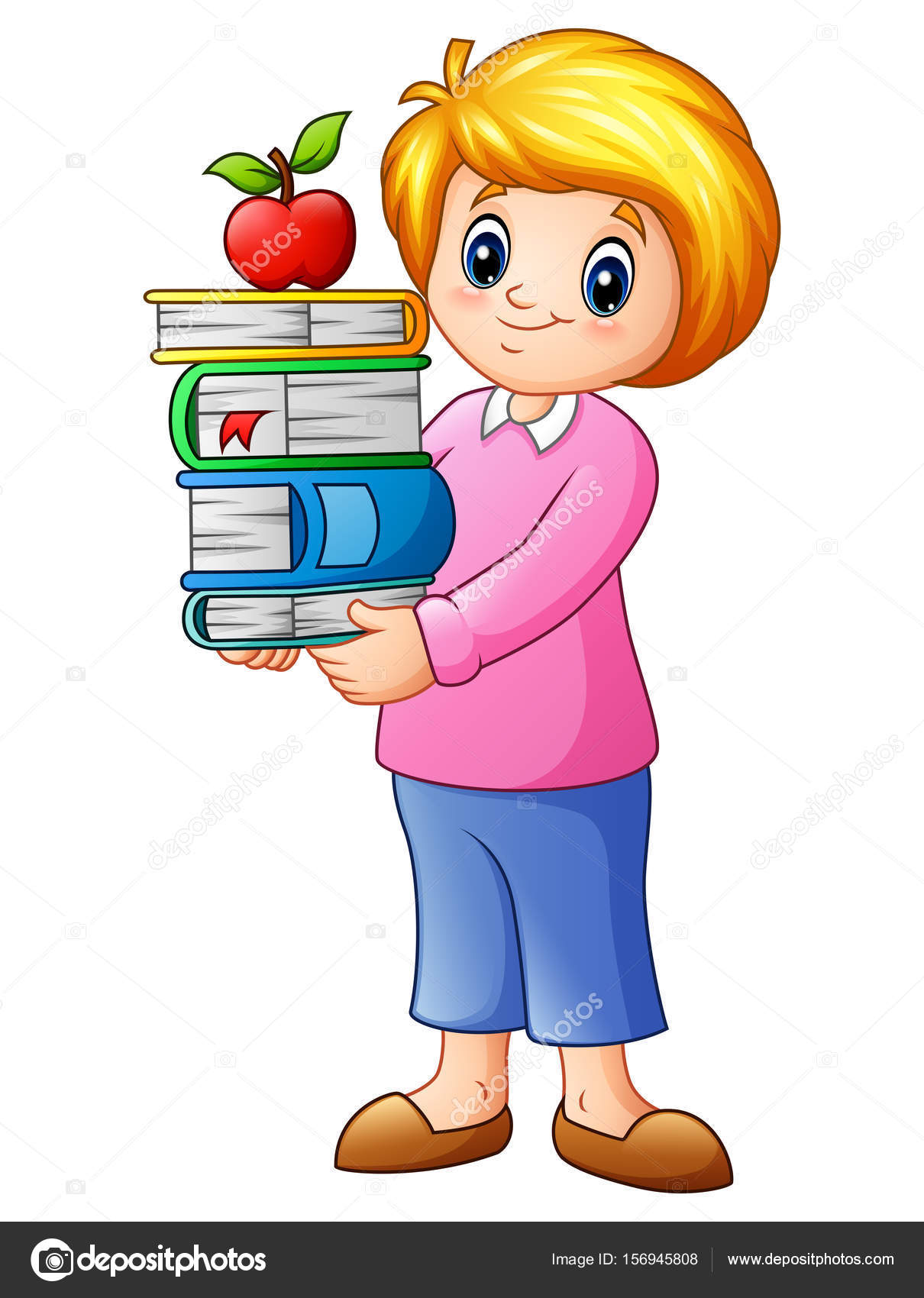 Dibujos animados hembra con apilar libros y manzana Vector de stock por ...