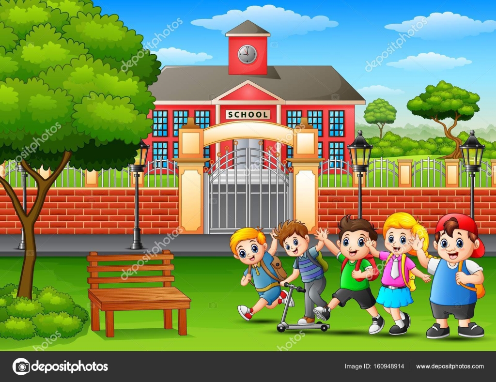 Niños felices jugando frente al edificio de la escuela Vector de stock ...