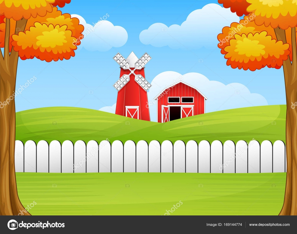 Cartoon farm windmill | Cartoon farm landscape with windmill and barn ...