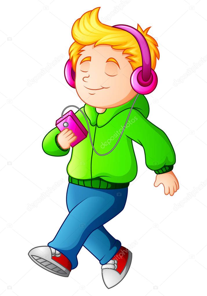 Animado: nino escuchando musica | Niño de dibujos animados caminar y ...