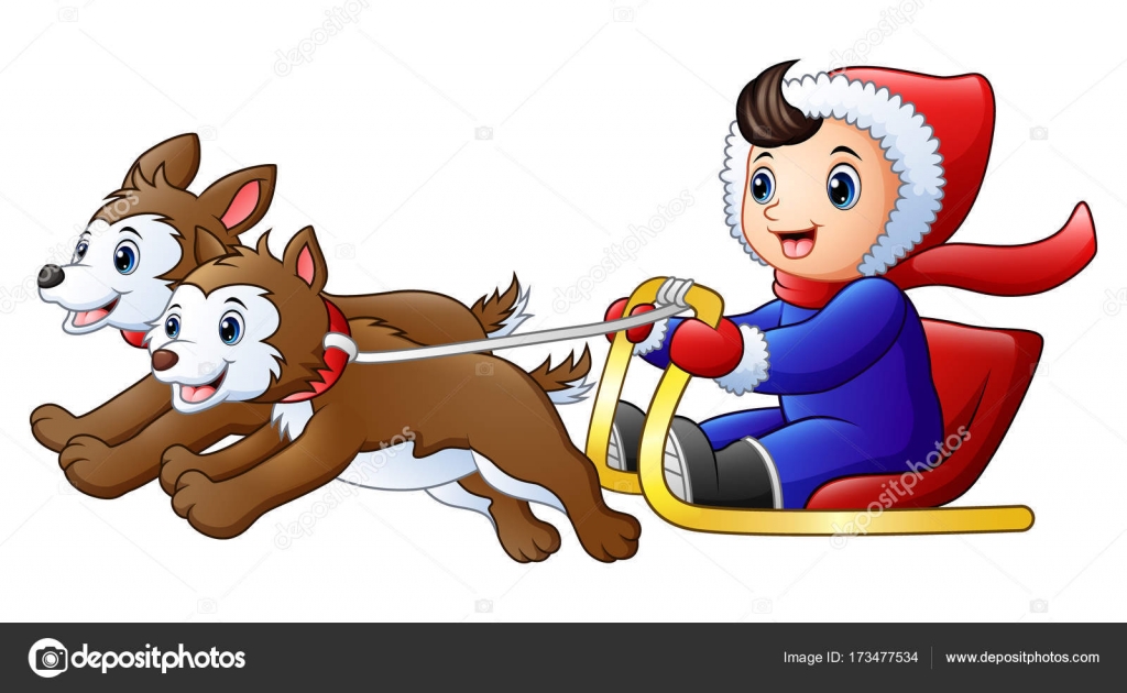 Cartoon boy riding a sleigh pulled by dog Stock Vector Image by ...